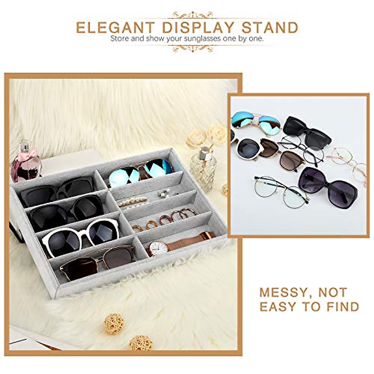 Emibele Glasses Organizer Jewelry Tray, 8 Grids Velvet Tray Watch Storage Stackable Jewelry Showcase Display Storage with Detachable Inner Dividers - Grey