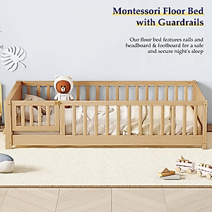 Tatub Twin Floor Bed with Slats, Montessori Bed with Rails, Kids Floor Bed with Built-in Book Storage Rack, Solid Wood Montessori Bed Frame with Door, Nature