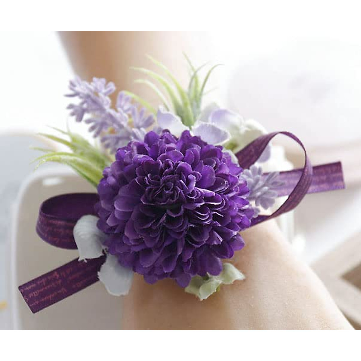 Ciandid Purple Hydrangea Wrist Corsage and Boutonniere set for Wedding Set of 6, 3PCS Groom Groomsman Boutonnieres & 3PCS Bride Bridesmaid Wrist Corsages Wristlet Band Bracelet Flower for Wedding Prom