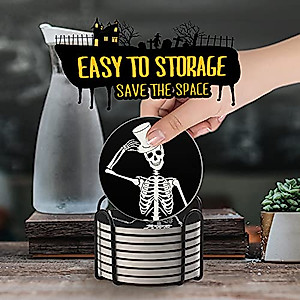Absorbent Coasters Stone Coaster Set of 8, Cork Base, with Holder, Teivio Funny Skull Skeleton Halloween Coasters for Housewarming Apartment Kitchen Room Bar Décor