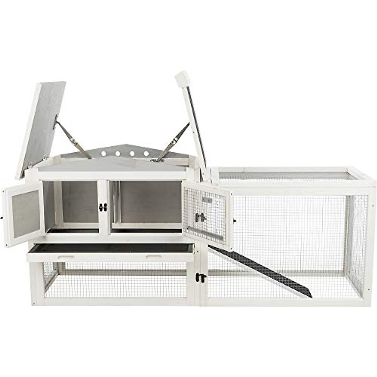 TRIXIE Natura Insulated Rabbit Hutch with Large Run, Hinged Peaked Roof, 2-Story with Ramp, for Rabbits or Guinea Pigs, Gray/White