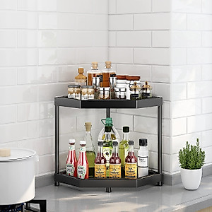 villertech Kitchen Corner Shelf Countertop 2 Tier Bathroom Counter Organizer Cabinet Corner Storage Shelf Spice Rack Makeup Organizer Under Sink Organizer Black