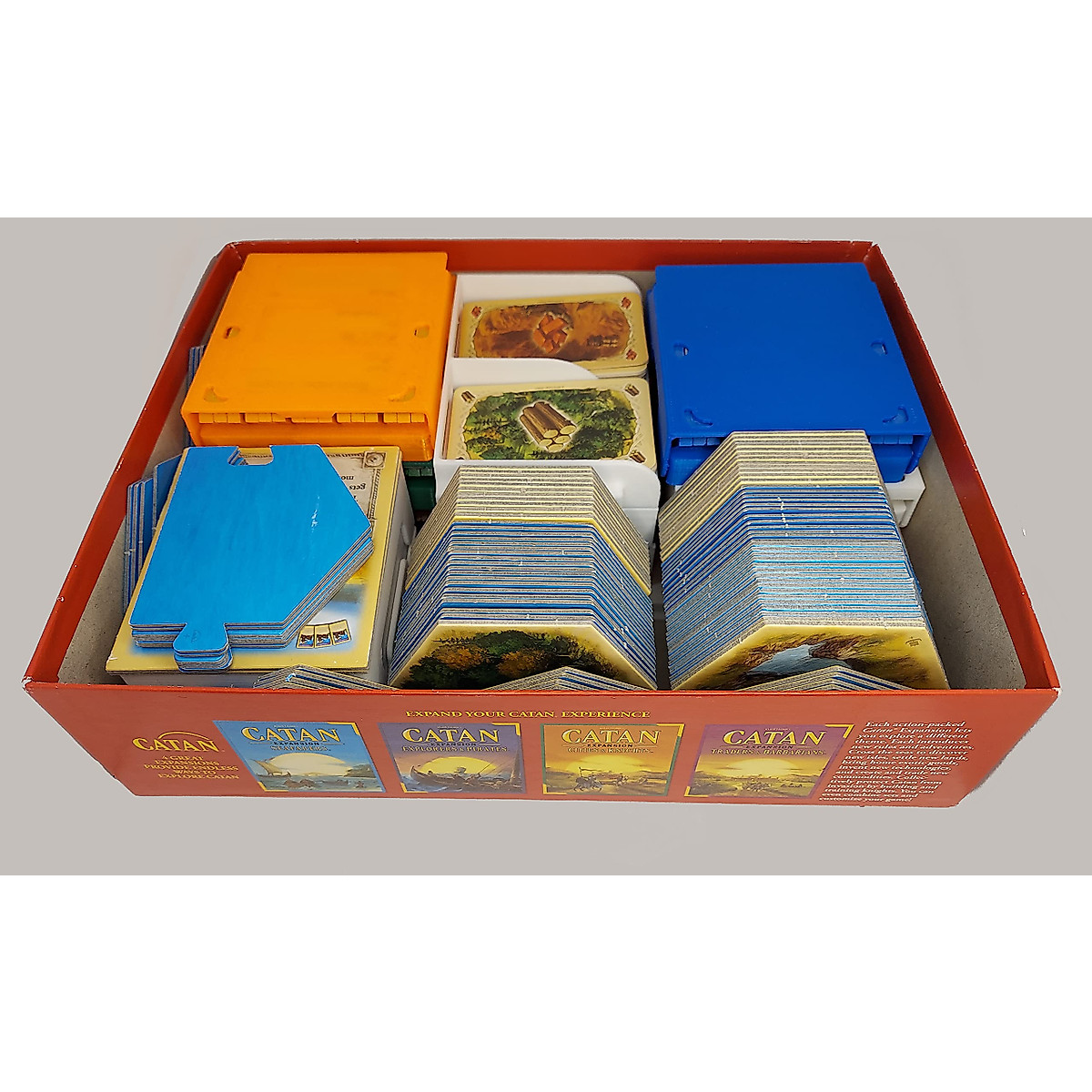 Organizer Insert Compatible with Catan Base Game, Seafarers, and Both 5-6 Player Extensions with Player Trays and Card Holder - White Hexes Holder/Card Tray