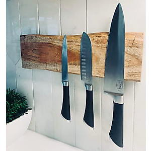 IMPROVED STRONGER Magnetic Knife Holder - Wood Knife Block - Knife Strip - Kitchen Organizer - Live Edge, Holds 5 Knives
