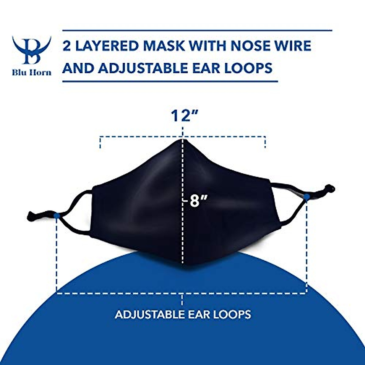 BLU HORN Face Mask from Large to 2XL(X-Large), with nose wire, adjustable loop, breathable (XX-Large, Black (3-Pack))
