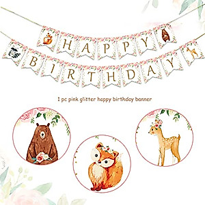 Woodland Happy Birthday Banner-Forest Animal Creatures Bunting Banner Garland for Girls Woodland Birthday Party Decorations