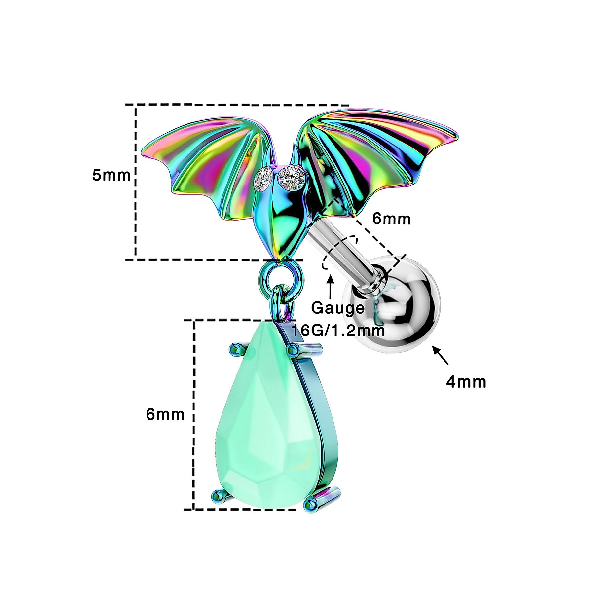 OUFER Dangle Cartilage Stud Earrings 316L Surgical Steel Bat Shaped Tragus Helix Piercing Jewelry Halloween Ear Body Piercing Jewelry