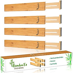 BambooYa Adjustable Premium Bamboo Drawer Divider Organizers | Expandable Spring-Loaded Drawer Separators | Best for Bathroom, Kitchen, Office, Dresser, and Bedroom | (4 Pack, Fully Closed 17.5in" - Fully Open 22.2"in) Made for larger drawers