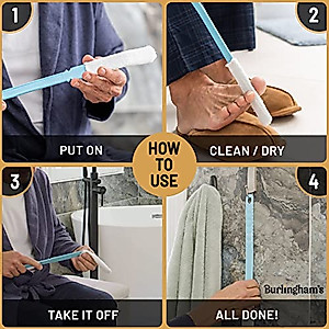 Burlingham's Toe and Foot Towel Brush with Reusable Drying Covers for Cleaning Between Toes, Soft Skin Exfoliation, Long 17” Handle for Seniors, Adults, or Kids, Washable Cloth