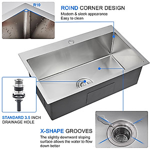 MENATT 28 Inch Drop-in Kitchen Sink, 304 Stainless Steel Topmount Handmade Kitchen Sink, Single Bowl Workstation Sink with Drain Kit (Brushed), 28"x18"x9"