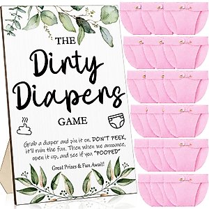 Roowest 51 Pcs Dirty Diaper Baby Shower Games Funny Wooden Dirty Diaper Game Sign with 50 Pcs Mini Diapers Cute Felt Diaper for Gender Reveal Party Baby Shower Game(Greenery Pink)