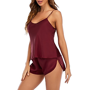 Zando Womens Cami Summer Pajamas Set Shorts Sexy Lingeri Satin Sleepwear Plus Size Lingerie Set Two Piece Sleepwear Satin Shorts Lingerie Set Womens Nightwears Silk PJS Burgundy X-Small