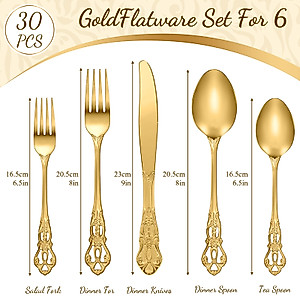 Dandat 30 Pcs Retro Silverware Set Stainless Steel Flatware Set Anti Rust Utensils Set Mirror Polished Cutlery Include Spoon Fork Knife for Dinnerware Wedding Birthday Party Favor (Gold)