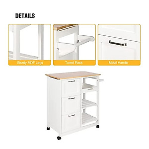 AKVOMBI Rolling Kitchen Island Cart with Wood Countertop, White Kitchen Trolley Carts on Wheels with 3 Drawers, Towel Rack, Adjustable Shelves