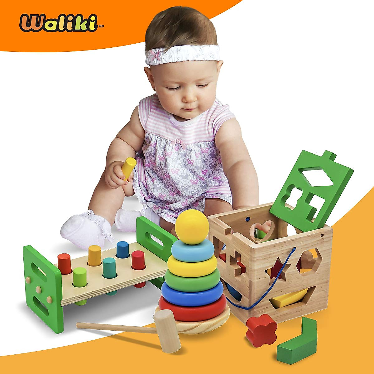 WALIKI Wooden Toy Pack for Kids | Pounding Bench, Shape Sorter Box & Rainbow Stacker | Montessori Developmental Toys for Toddlers & Preschoolers | Ages 2-5 | Educational Gift