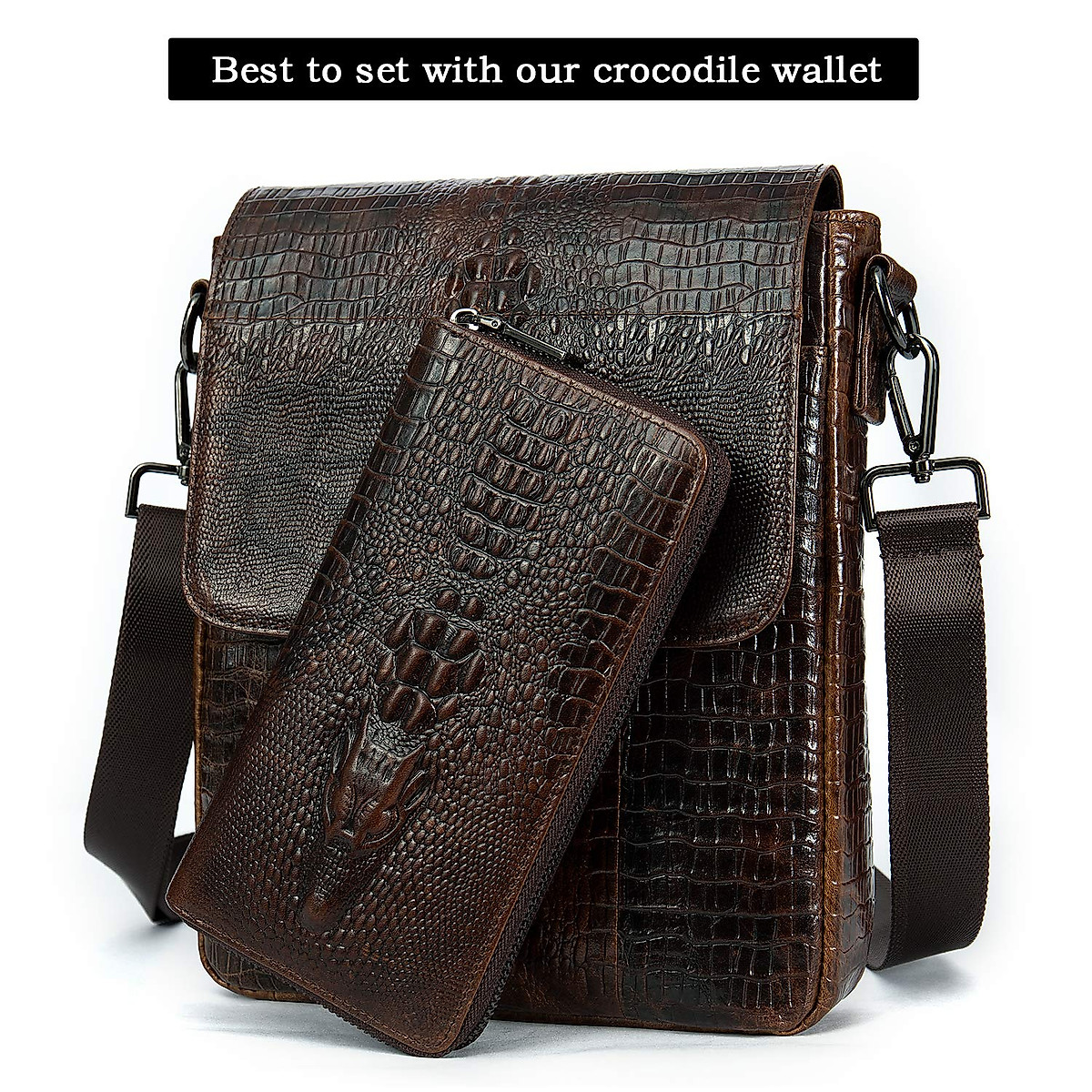 NIUCUNZH Leather Flap Messenger Bag for Men Small Crossbody Shoulder Bag,Novelty Crocodile Embossed Coffee