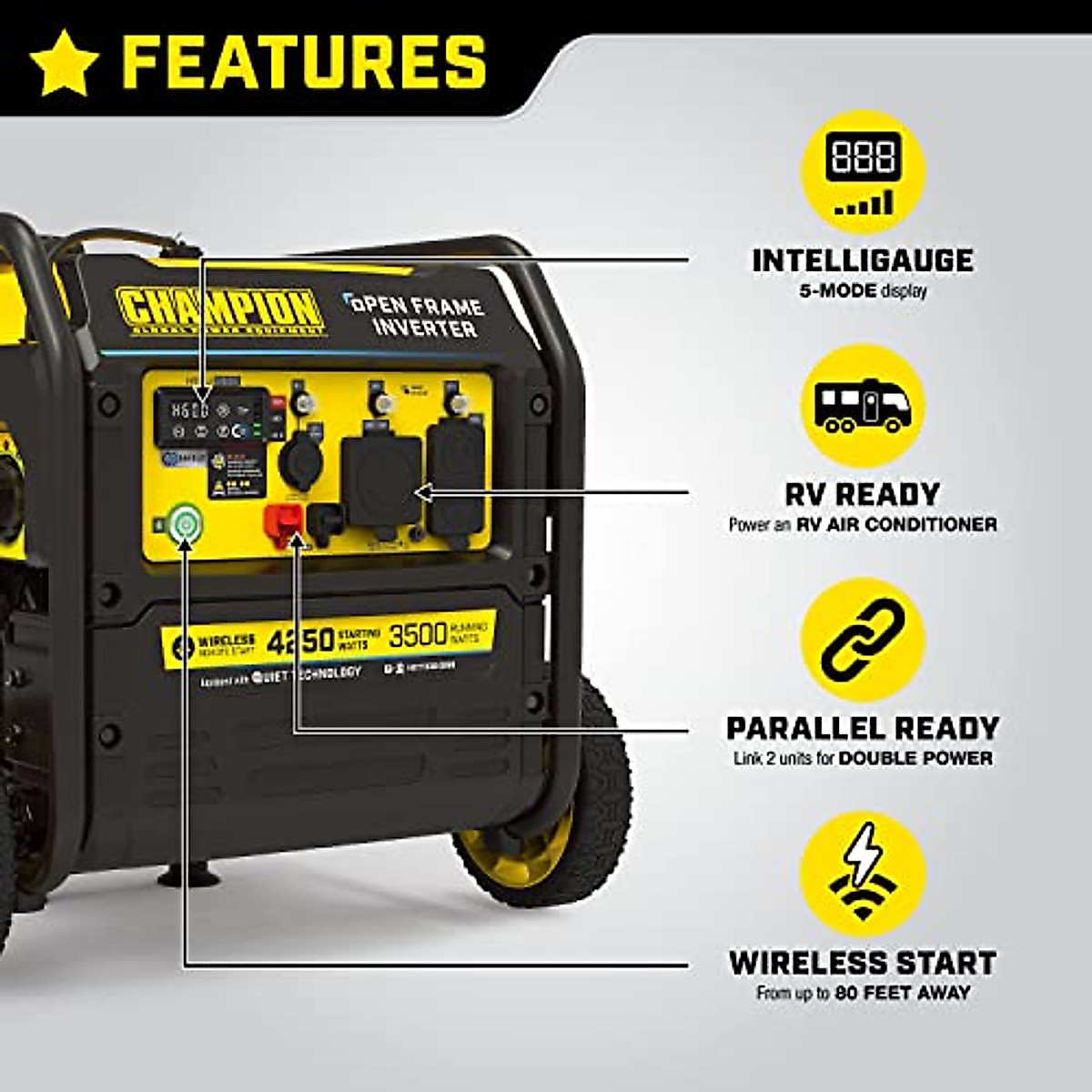 Champion Power Equipment 201185 4250-Watt Wireless Remote Start Open Frame Inverter Generator, CO Shield