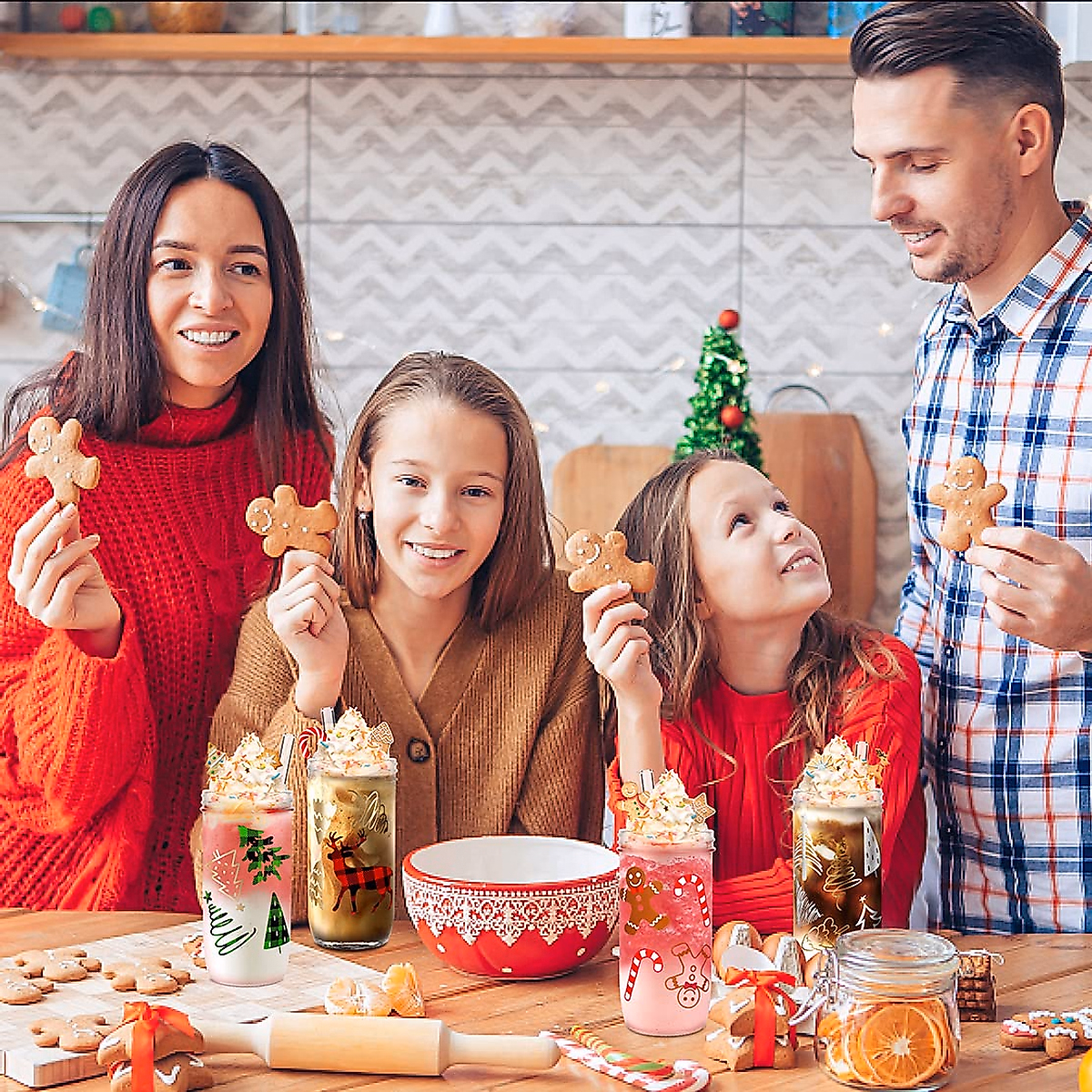 ANOTION Christmas Cups, 24oz Colored Christmas Mugs Useful White Elephant Gifts for Adults Holiday Mason Jars Glass Cups with Lid and Straw Tumbler Drinking Glasses Coffee Cups Gifts for Women Men