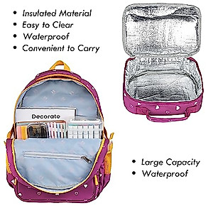 DUPHLAGT Kids Backpack for Girls with Lunch Box, Water Resistant Casual School Bag, Lightweight Elementary Daypack School Backpack for Teen Girls (Purple)