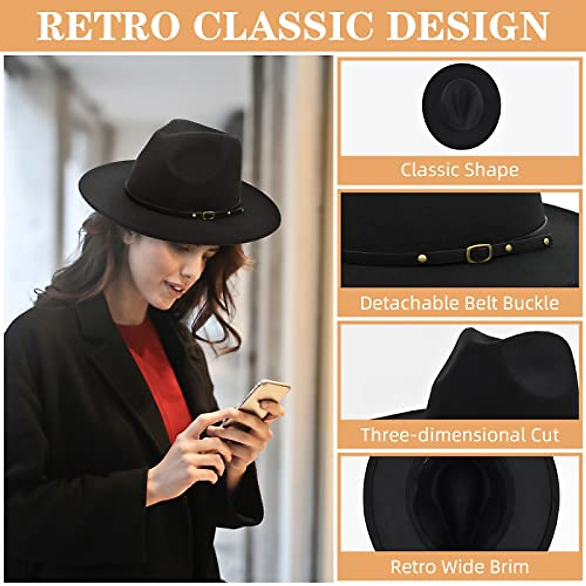 Women Classic Wide Brim Fedora Hat, 4 Pack Retro Panama Hat Wool Fedora Hat with Belt Buckle (Black+Wine Red+Navy Blue+Beige)
