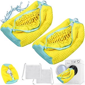 Shoe Washing Machine Bag, 2 Pack Laundry Shoe Bags for Washer and Dryer, Sturdy Zipper,Dry Net Bag Included, Reusable Shoe Washing Bag for Sneaker, Yellow 2PCS