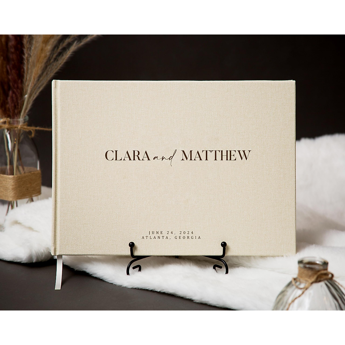 Personalized Guest Book - 11.5" x 8.5" Premium Custom Guest Signing Book with Bookmark and Blank Pages for Wedding Reception Table Decoration Engagement Birthday Party Event, Cream