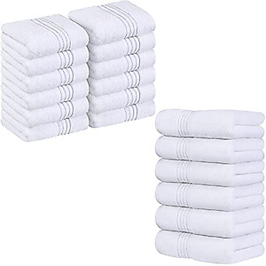 Utopia Towels Premium Bundle - Cotton Washcloths White (12x12 inches),Pack of 12 with White Hand Towels (16 x 28 inches), Pack of 6