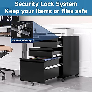 AFAIF 3 Drawer Mobile File Cabinet with Lock, Rolling File Cabinet for Home Office, Under Desk Small File Cabinet, Metal Vertical Black Filing Cabinet for Legal/Letter/A4 File, Not Assembled