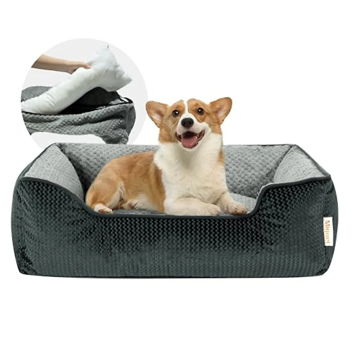 Miguel Removable Washable Dog Bed for Medium Dog - Rectangle Pet Bed for Large Cats with Zipper Cover Bolster Cuddle Puppy Bed with Supportive Side Wall Slip-Resistant Bottom, Dark Gray 30 Inch