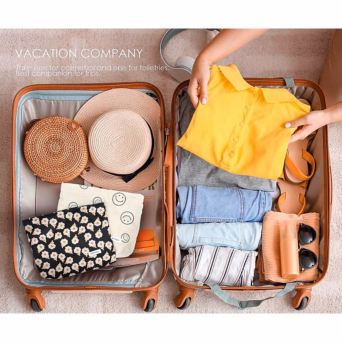 MOMOJULI Corduroy Makeup Bag Cosmestic Bag Large Capacity Ladies Women Aesthetic Make Up Organizer Accessories Zipper Pouch Purse （Beige+Black Flowers）