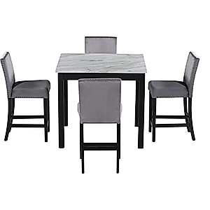 Dinehome 5-Piece Kitchen Square Faux Marble Top Counter Height Dining Table Set with 4 Upholstered Chairs, Gray