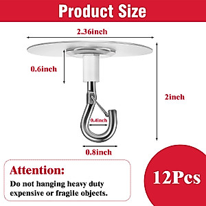 AccEncyc 12 Pcs No Hole Adhesive Ceiling Hooks No Drill Ceiling Hanging Hook for Hanging Light Plants Lanterns Wind Chime Hanger Sticky Eye Hooks for Baby Mobile Curtain