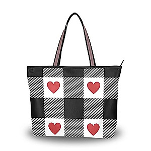 Tote Bag with Zipper for Women Valentines Black Buffalo Check Plaid Handbags Pockets Shoulder Bag Work Large Travel