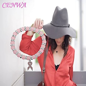 CENWA Breast Cancer Awareness Bracelet Pink Rhinestone Ribbon Charm Beads Bracelet Breast Cancer Support Gift (Breast Cancer Awareness Br)