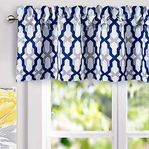 DriftAway Mason Geometric Trellis Pattern Window Curtain Valance Rod Pocket 52 Inch by 14 Inch Plus 2 Inch Header Navy
