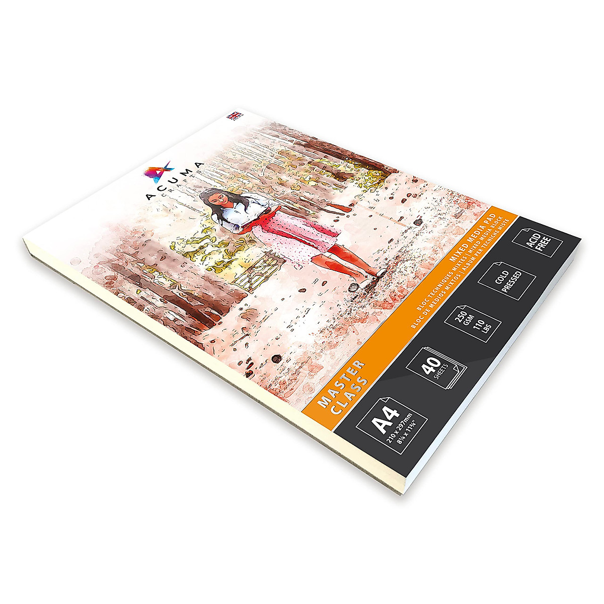 Mixed Media Paper Art Pad, 40 Sheets, A4 Size 110 lb/250 GSM, Glue Bound, Bleedproof, Acid Free, Cold Pressed for Artists Wet, Mixed Media Drawing and Techniques, Made in UK by Acuma Crafts