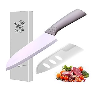 Beolee.Dan Ceramic Santoku Knife 7 Inch - High-Precision Ceramic Blade for Meats, Fruits, and Vegetables - Durable Ceramic Blade with Protective Sheath - Ceramic Knives (Sky Grey)