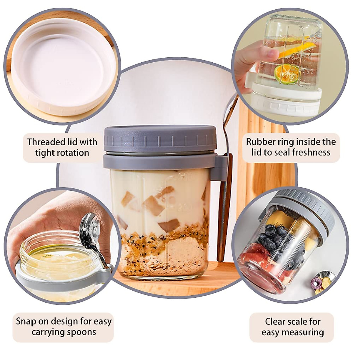 FHDUSRYO 3PCS Overnight Oats Containers with Lids and Spoon, 10oz Overnight Oats Jars, Large Airtight Oatmeal Container with Bag, Glass Mason Jars for Cereal Fruit Milk Salad Meal Prep (White+Grey)