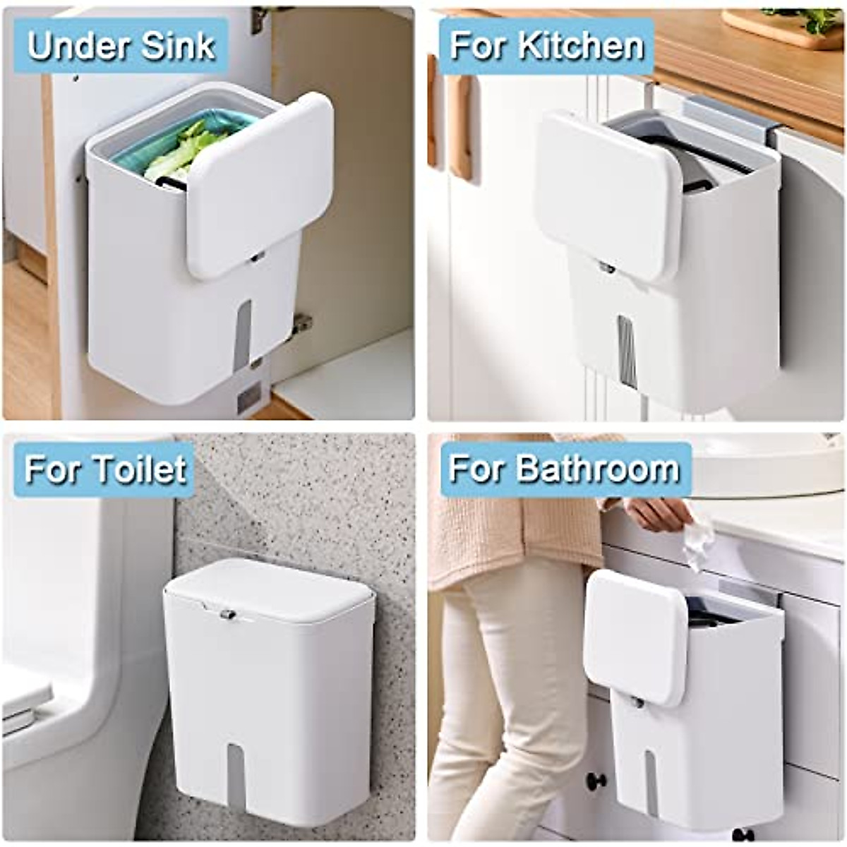 Tiyafuro Upgraded Hanging Trash Can with Lid, 2.4 Gallon Kitchen Compost Bin for Cabinet and Under Sink, Wall-Mounted Indoor Trash Bin for Bathroom Bedroom Office, Waste Basket