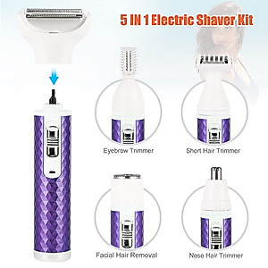VOCOSTE Electric Razor for Women, 5 in 1 Electric Shaver for Women, Portable Rechargeable Hair Trimmer Wet and Dry Cordless Women Shaver Hair Remover for Face, Legs, and Bikini, Purple