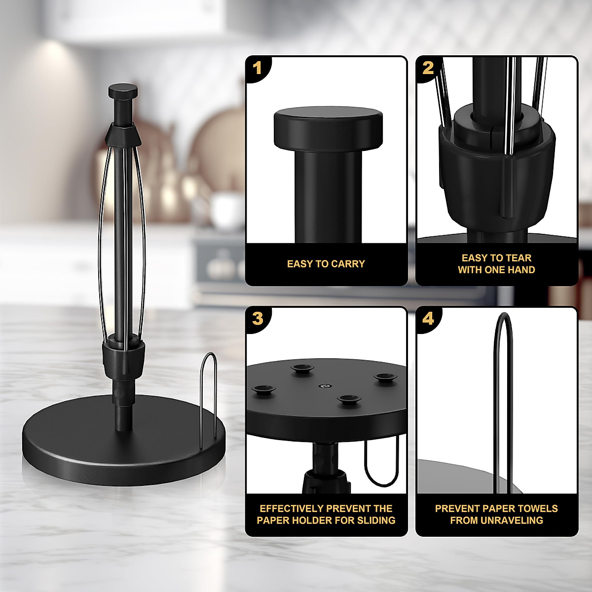 NAMSAFUI Paper Towel Holder, Standing Countertop Paper Holder for Kitchen, Ratchet System and Suction Cup Equipped, One-Handed Paper Towel Holder Stainless Steel, Holds All Roll Sizes