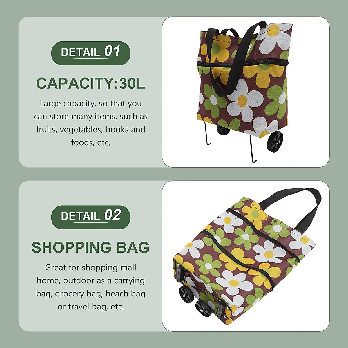 Tofficu Foldable Shopping Cart Trolley Folding Shopping Bag Portable Sunflower Pattern Bag with Wheels Collapsible Food Bag for Shopping Travel