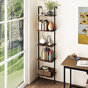 Tajsoon Industrial Bookcase, Ladder Shelf, 5-Tier Wood Wall Mounted Bookshelf with Stable Metal Frame, Open Display Rack, Storage Shelves for Bedroom,Home Office,Collection,Plant Flower, Rustic Brown
