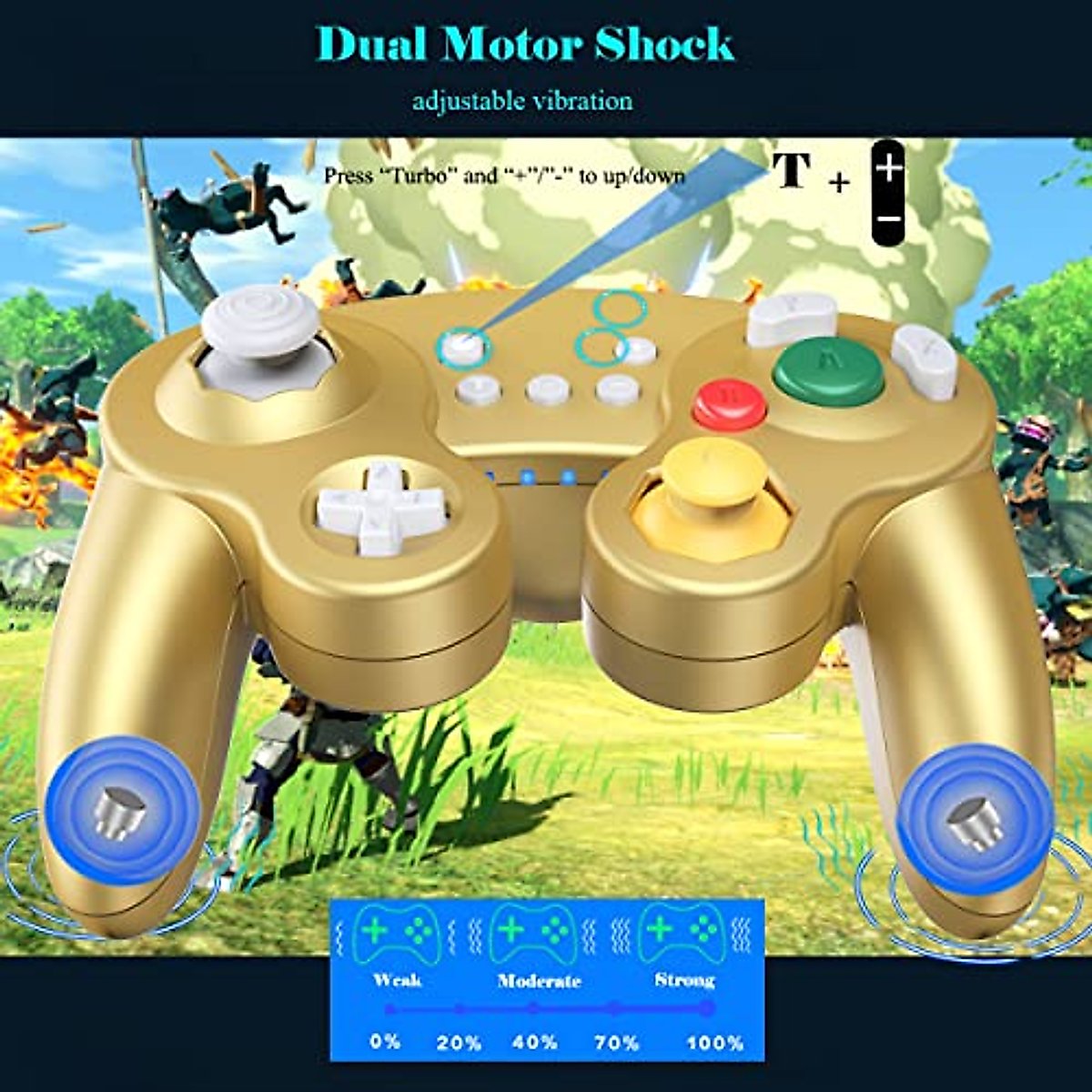 EXLENE Gamecube Controller Switch, Wireless Switch Pro Controller for Nintendo Switch/Lite/PC/Android/iOS/Steam, Support Wake Up, Motion, Adjustable Rumble, Turbo & Auto Turbo (Gold)