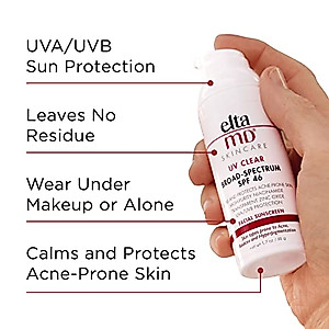 EltaMD UV Clear SPF 46 Face Sunscreen, Broad Spectrum Sunscreen for Sensitive Skin and Acne-Prone Skin, Oil-Free Mineral-Based Sunscreen Lotion with Zinc Oxide, Dermatologist Recommended, 1.7 oz Pump