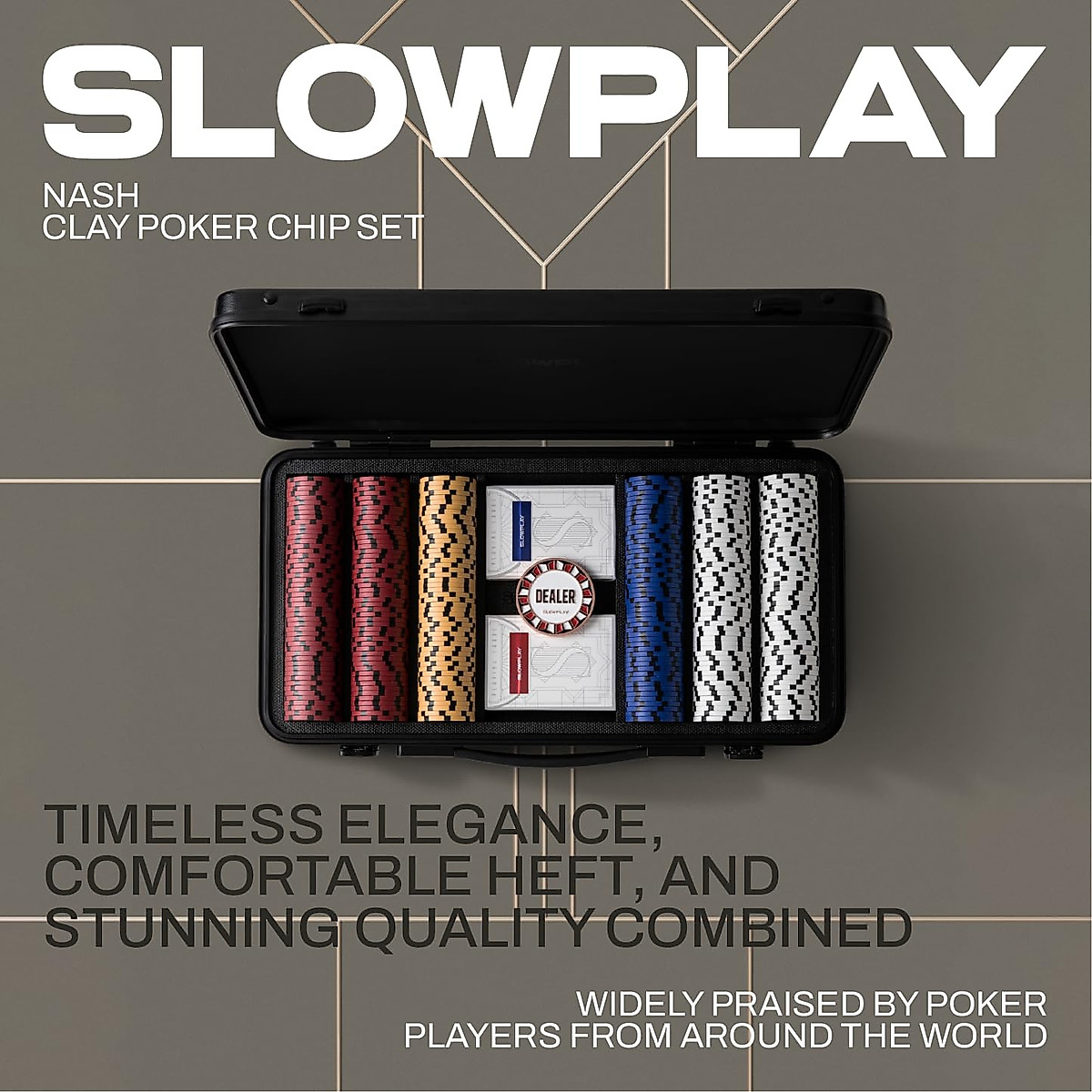 SLOWPLAY 14g Clay Poker Chips Set for Texas Hold'em, 500 PCS, with Numbered Values, Art Deco Style, and Carrying Case
