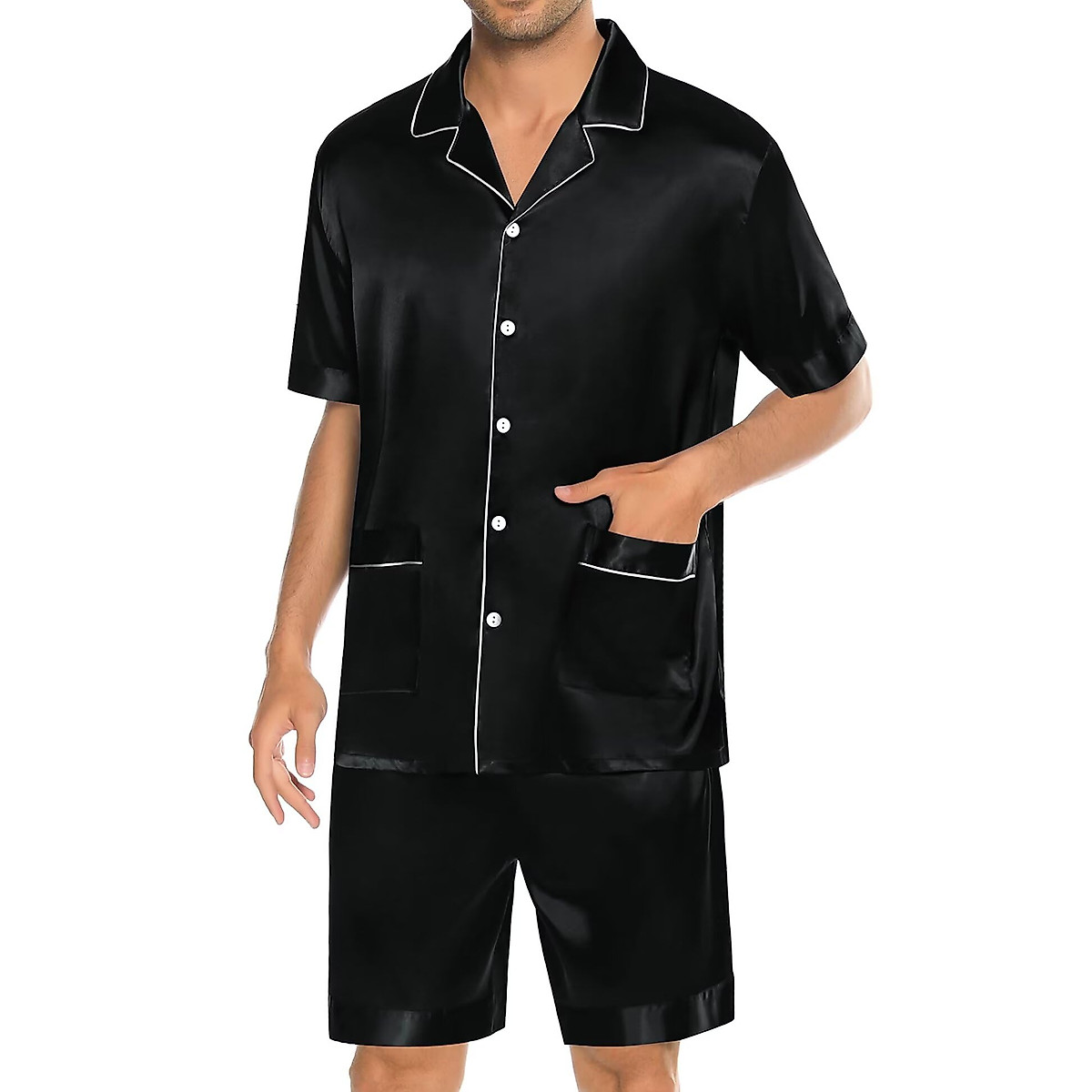 SWOMOG Mens Silk Pajama Set 2 Pieces Short Sleeve Soft Satin Sleepwear Button Down Pj Black Medium