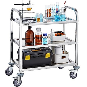 VEVOR Lab Utility Cart, 220 lbs Weight Capacity Rolling Lab Cart, 3 Shelves Mobile Clinic Cart, Sturdy Stainless Steel Frame Lab Trolley, 360° Silent Rolling Wheels w/Foot Brake, for Lab Clinic Salon