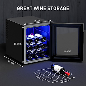 IsEasy 12 Bottles Wine Cooler Refrigerator 46℉-66℉ Temperature Mini Wine Fridge with Double-Layer Tempered Glass Door Wine Cellar for Red Wine, Champagne for Home, Kitchen, or Office