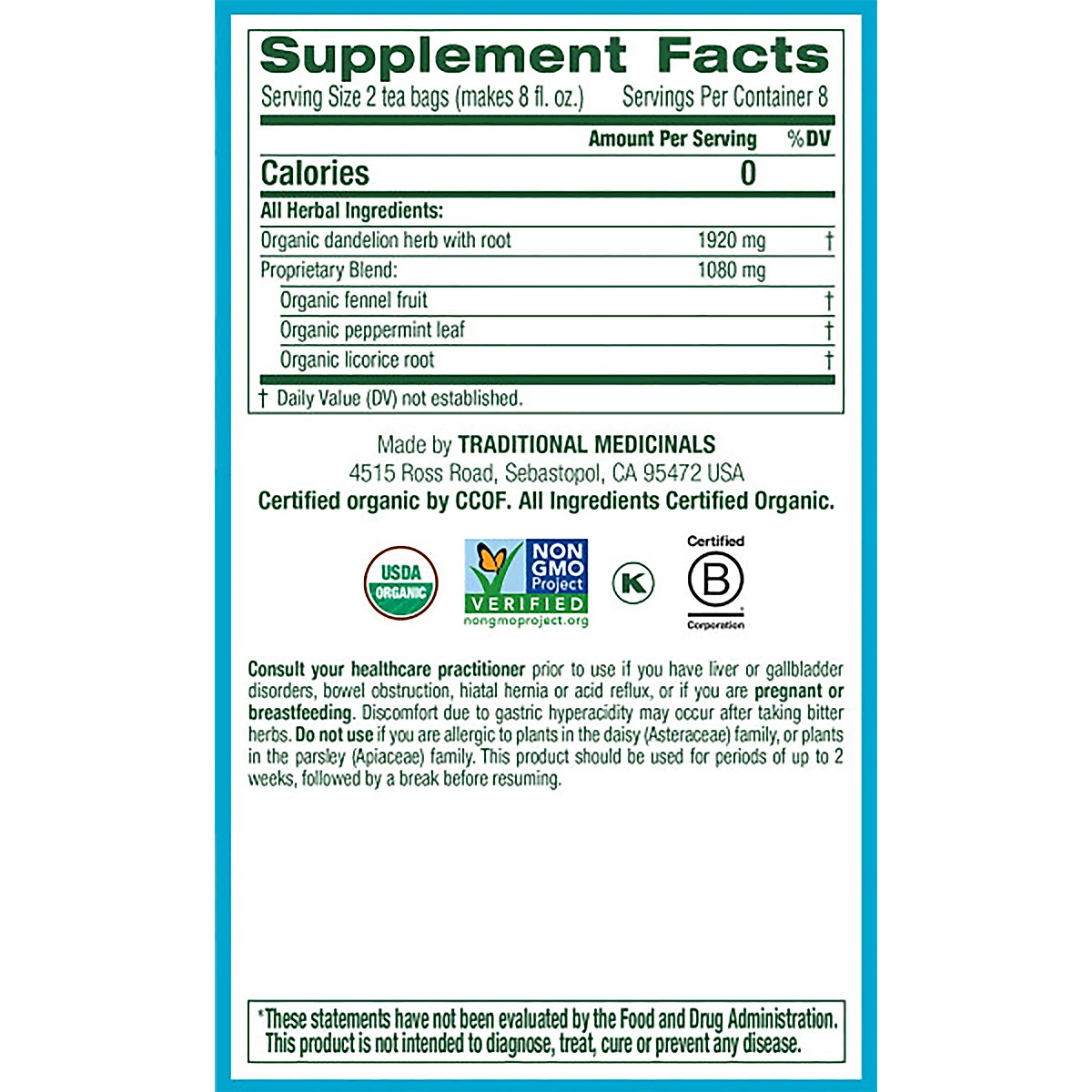 Traditional Medicinals Organic EveryDay Detox Dandelion Herbal Tea, Supports Liver & Kidney Function, (Pack of 3) - 48 Tea Bags Total